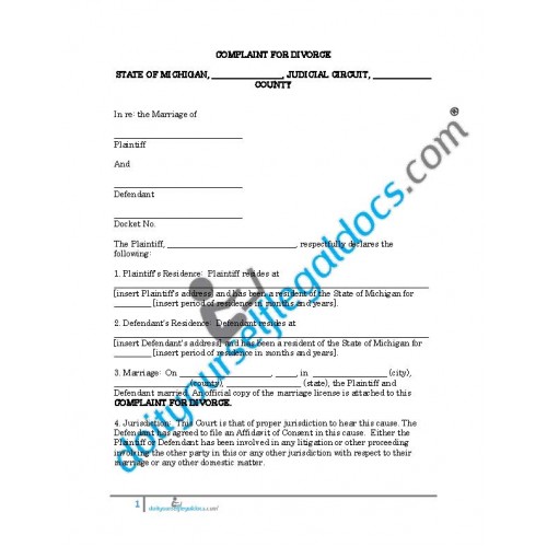 Complaint for Divorce (No Children) - Michigan - Family Law Document ...