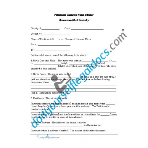 Petition for Change of Name of Minor - Kentucky - Family Law Document ...
