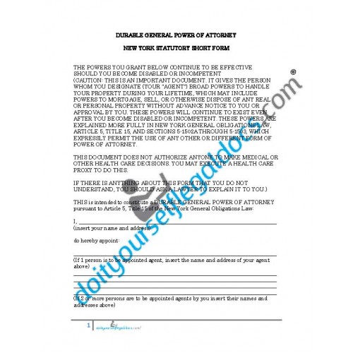 Power of Attorney (Short Form) - New York - Estate Planning Document ...
